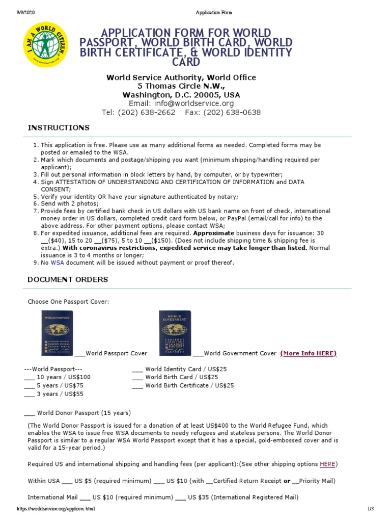 Application Form For World Passport, World Birth Card, World Birth ...