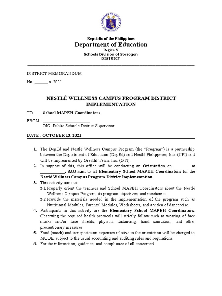Department of Education: Nestlé Wellness Campus Program District ...