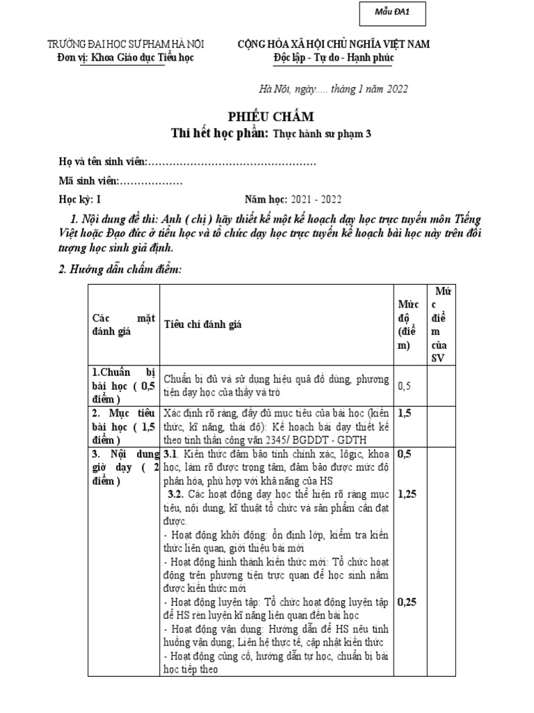 4 - Phieu Cham Diem - THSP3 - K68K | PDF