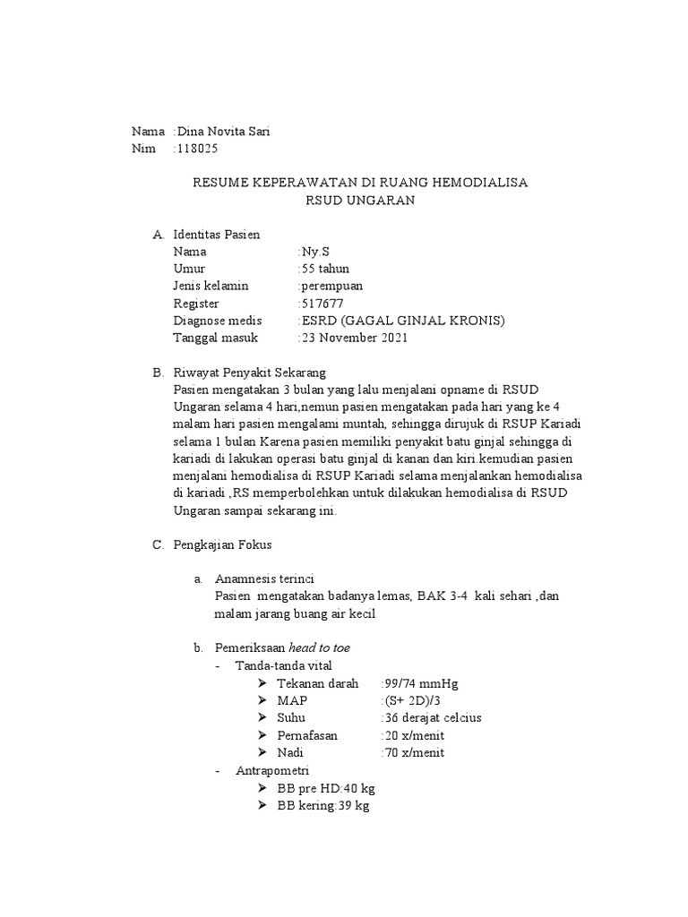 Resume Askep Keperawatan Di Ruang Hemodialisa | PDF