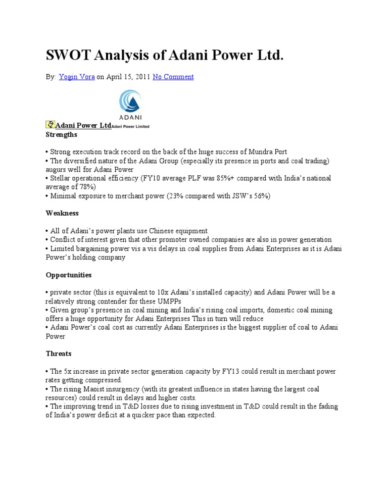 SWOT Analysis of Adani Power LTD | PDF