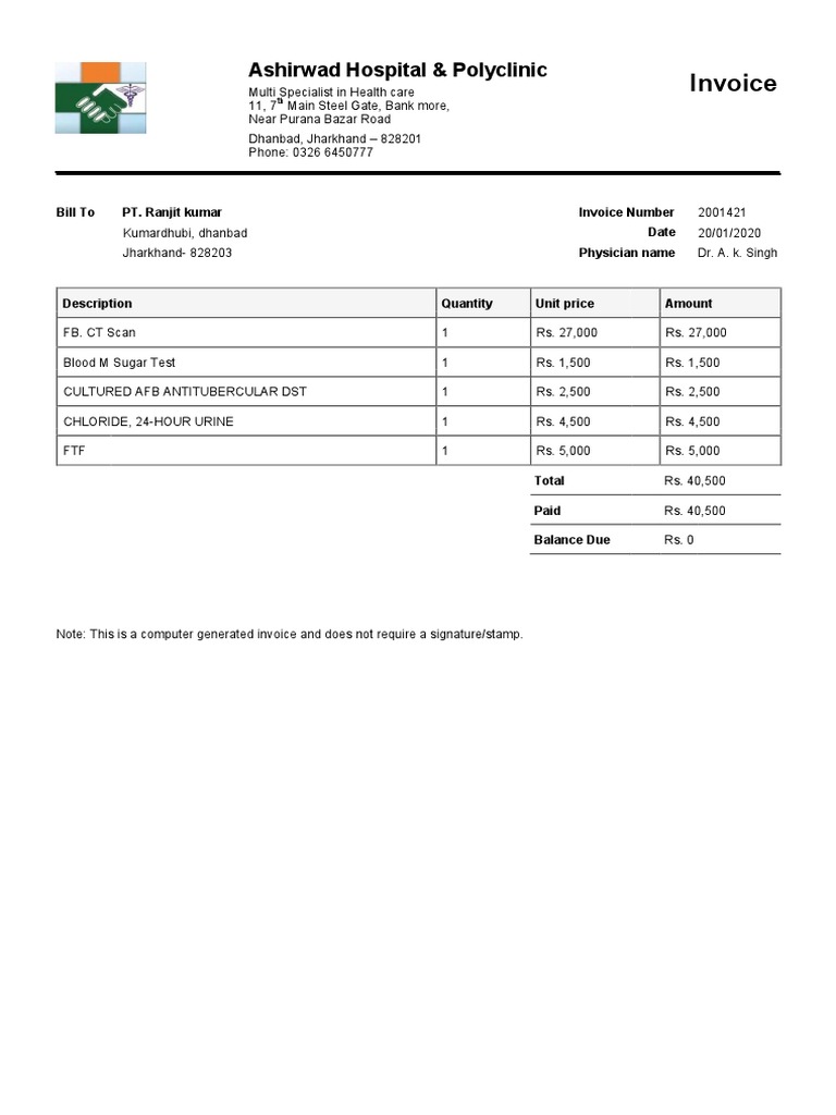 Ashirwad Hospital Invoice Summary | PDF
