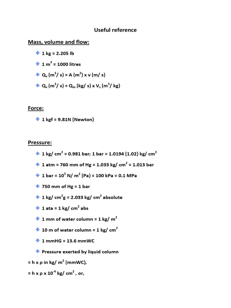 Useful Reference Mass, Volume and Flow | PDF | Pressure | Physical ...