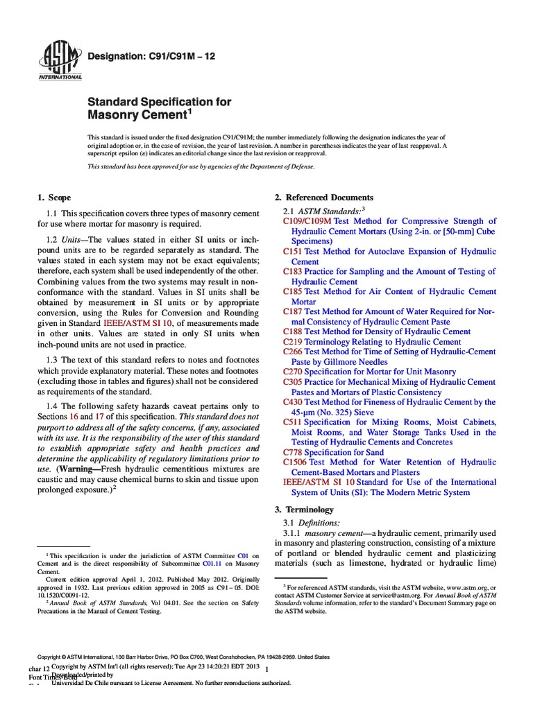 Astm C91 | PDF | Density | Mortar (Masonry)