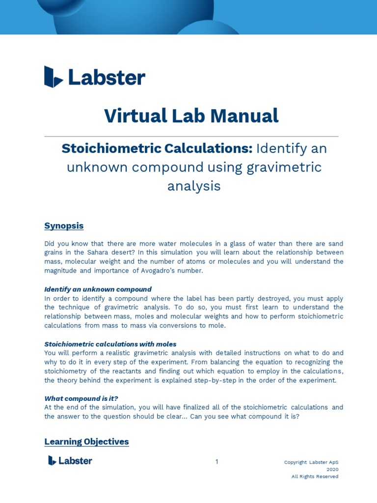 Virtual Lab Manual: Stoichiometric Calculations: Identify An | PDF ...
