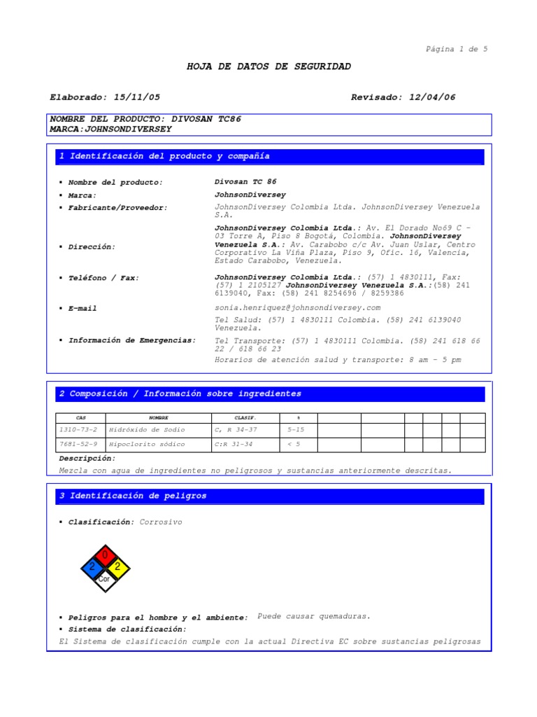 MSDS JohnsonDiversey Divosan TC 86 | PDF | Agua | Química