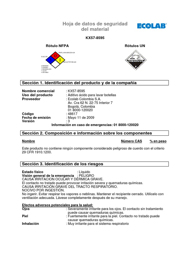 Hoja de Seguridad KX57-8595 Ecolab | PDF | Quemar | Agua