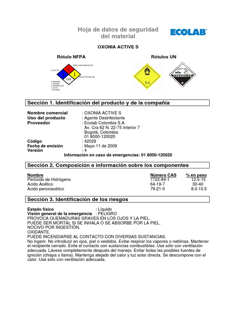 MSDS Oxonia Active S V4 | PDF | Agua | Residuos