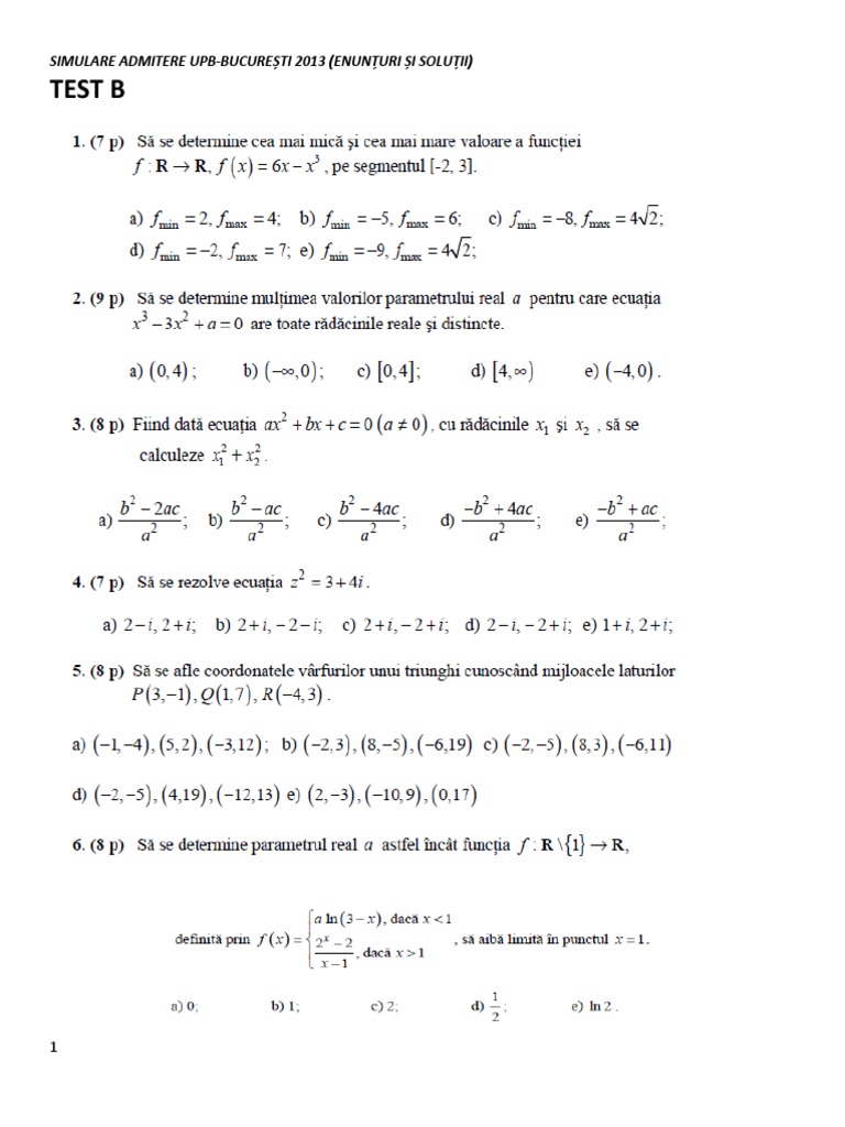 Test B: Simulare Admitere Upb-București 2013 (Enunțuri Și Soluții) | PDF