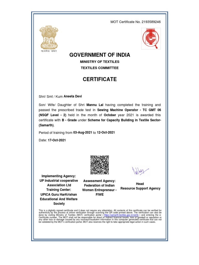Government of India: MOT Certificate No. 2193589246 | PDF | Business