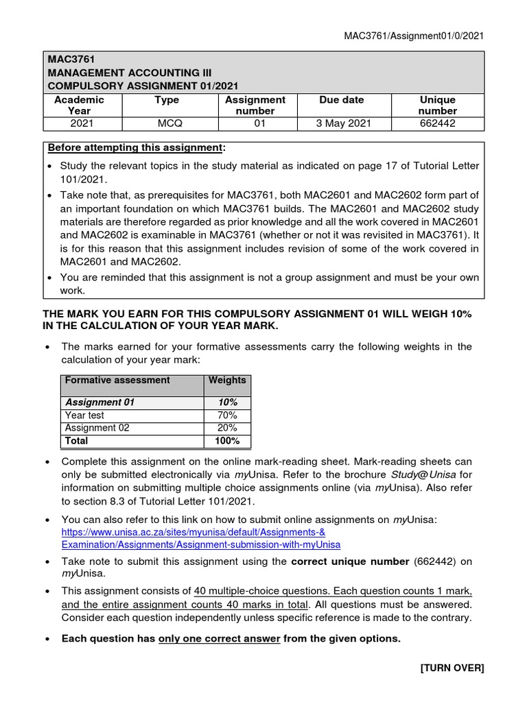 MAC3761 - Assignment01 - 2021 | PDF | Multiple Choice | Dividend