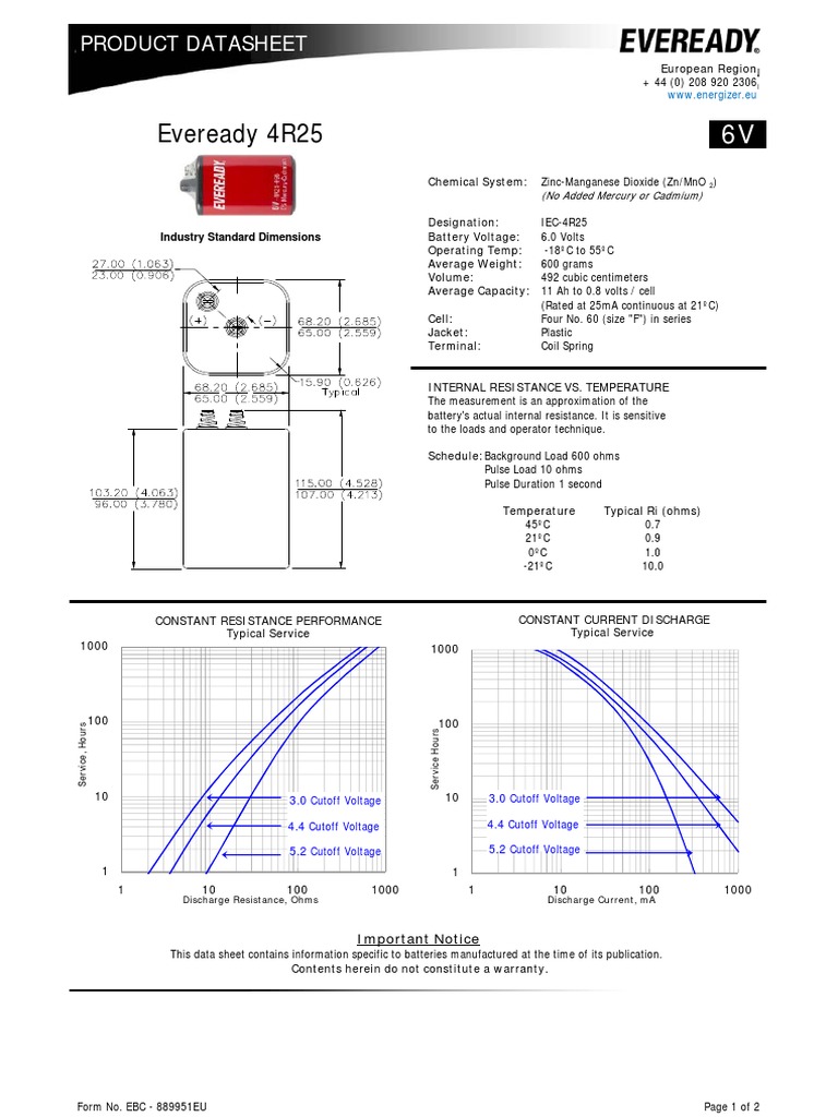 Eveready 4R25: Product Datasheet | PDF | Electricity | Quantity