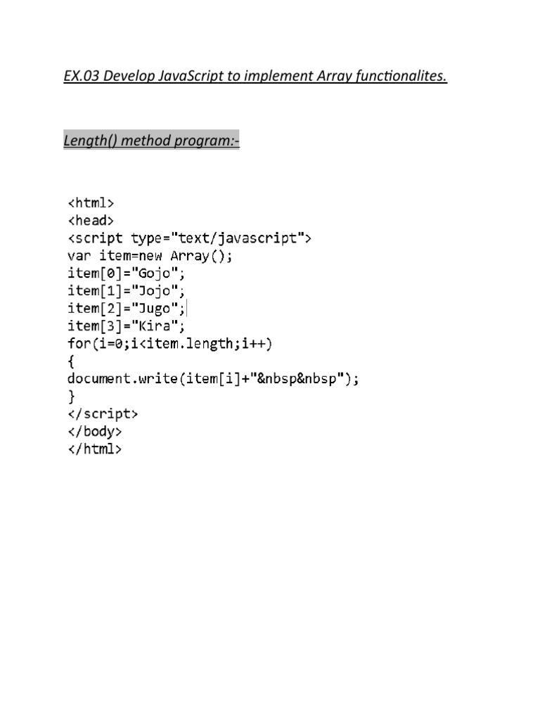Ex.03 Develop Javascript To Implement Array Functionalites | PDF