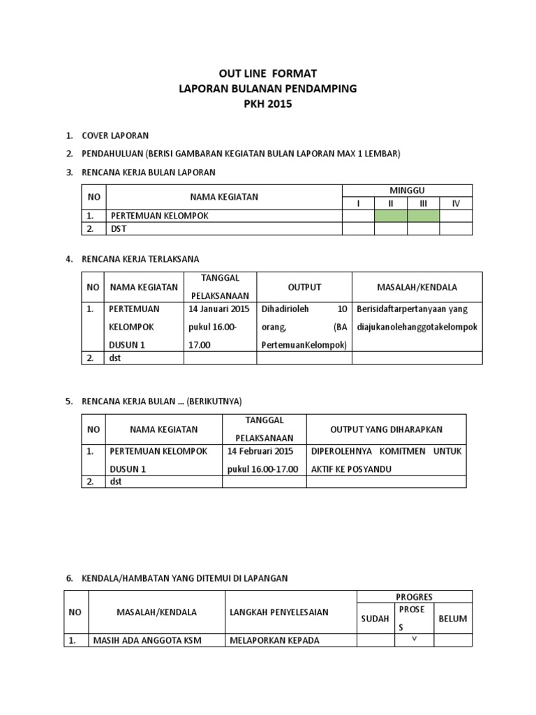 Format Out Line Laporan Bulanan Pendamping PKH | PDF
