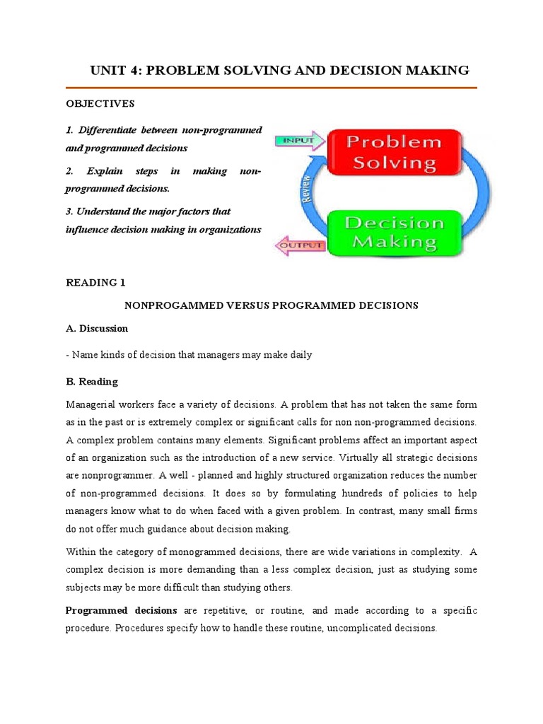 Unit 4 Problem Solving Decicion Making Pdf Decision Making