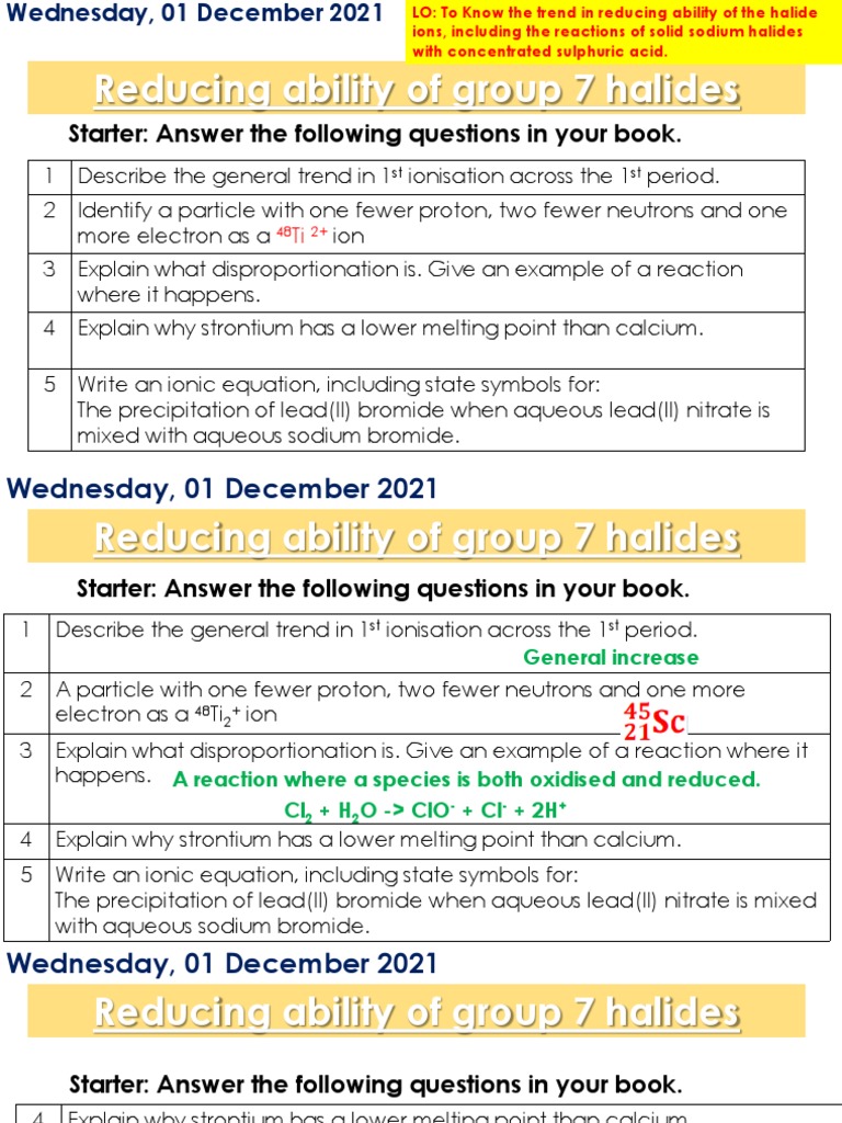 Reducing Ability of Group 7 Halides: Starter: Answer The Following ...