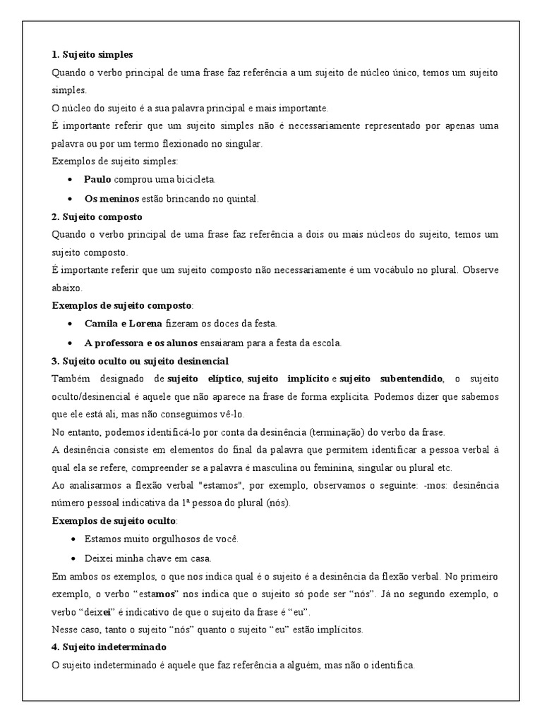 Tipos de Sujeito - Exercícios | PDF | Assunto (gramática) | Ciência ...