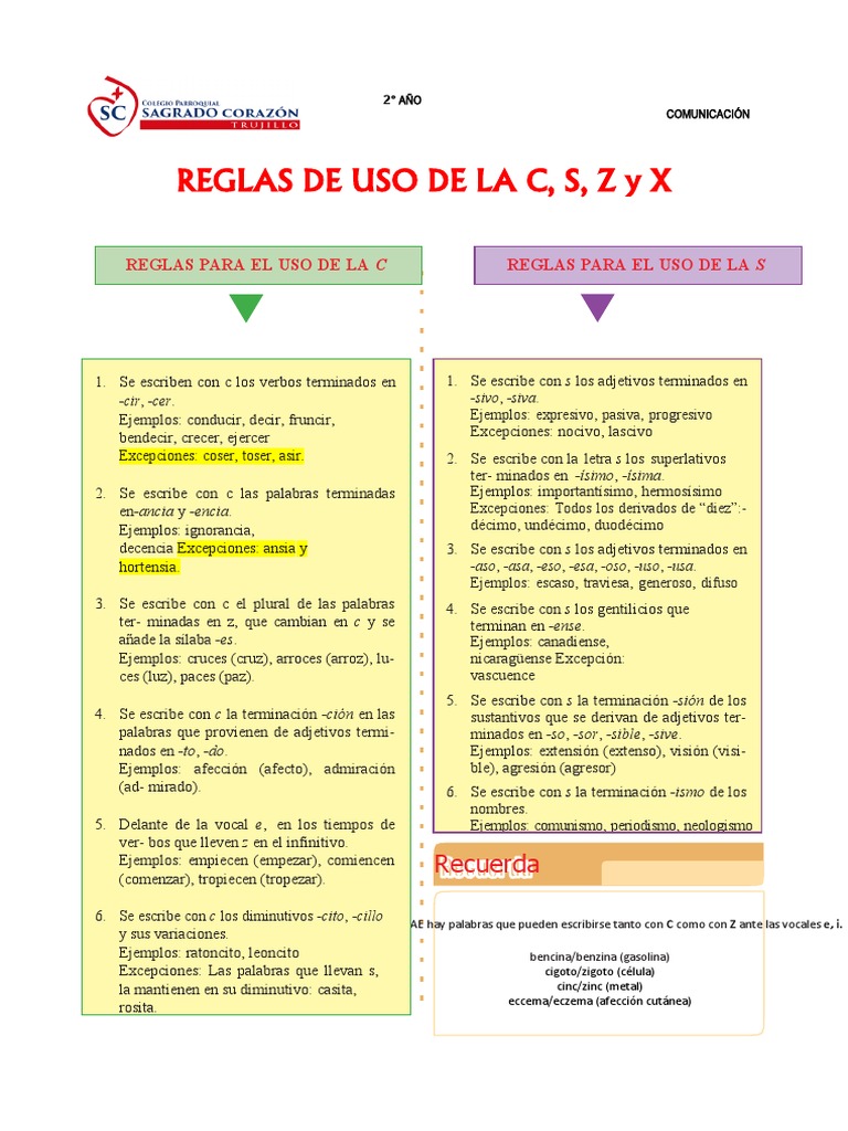 Reglas de Uso de La C S Z y X para Segundo Grado de Secundaria | PDF | Lexicología | Lingüística