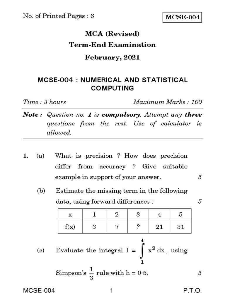 MCA (Revised) Term-End Examination February, 2021 Mcse-004: Numerical and Statistical Computing ...