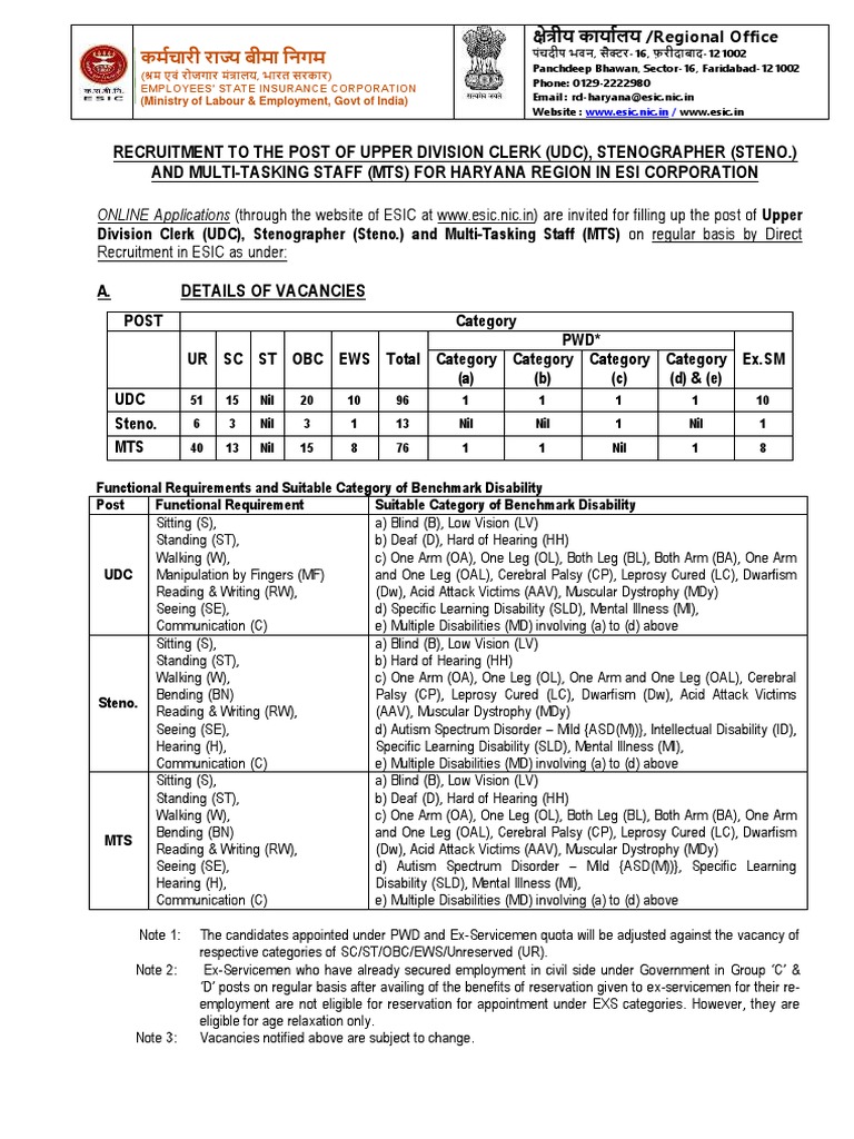 ESIC UDC MTS Steno Recruitment 2022 Notification Haryana Region | PDF | Image Scanner | Identity ...