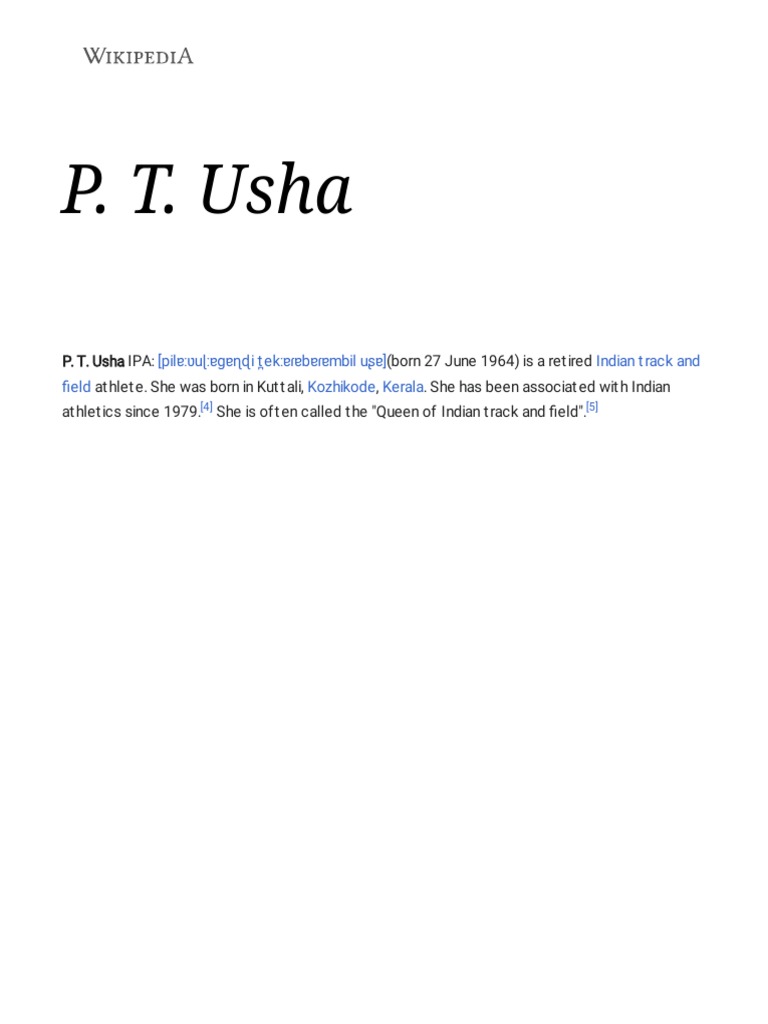 P. T. Usha - Wikipedia | PDF | Sport Of Athletics | Athletics