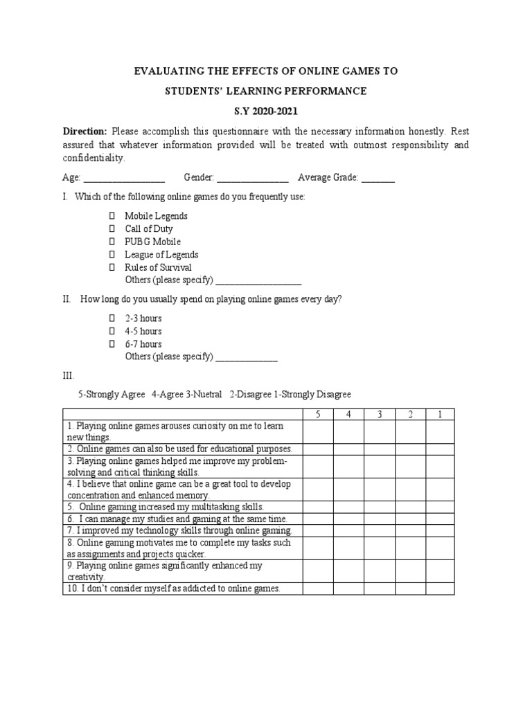 Questionnaire: Online Gaming | PDF