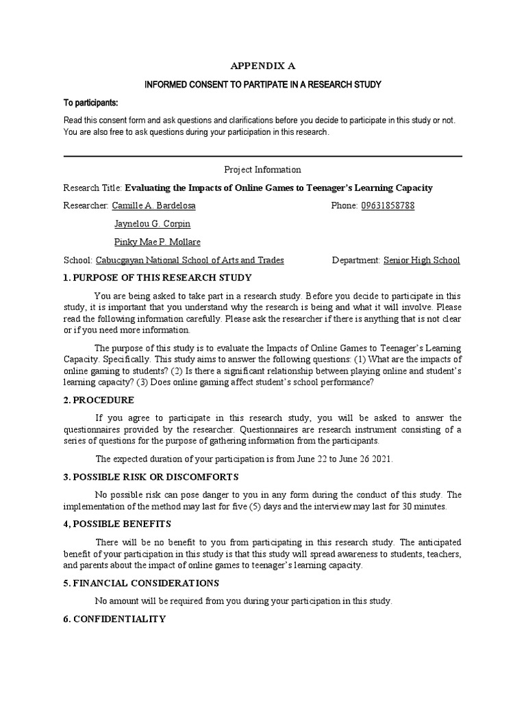 Informed Consent For A Research Project | PDF | Consent | Confidentiality