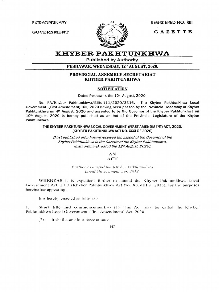 The Khyber Pakhtunkhwa Local Government First Amendment Act2020 | PDF