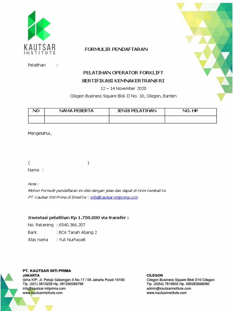 Form Pendaftaran - Forklift - Subsidi Tgl. 12 - 14 November 2020 | PDF