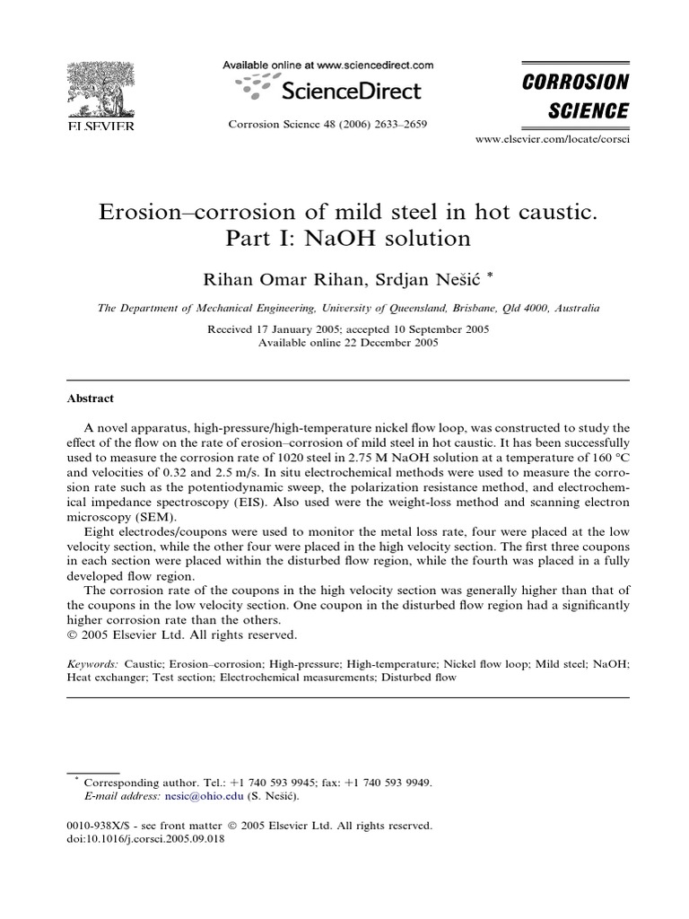 Erosion-Corrosion of Mild Steel in Hot Caustic | PDF | Corrosion | Anode