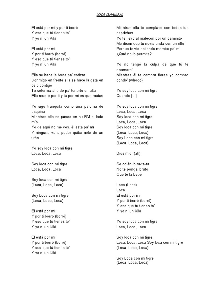 Letra de "Loca" de Shakira | PDF