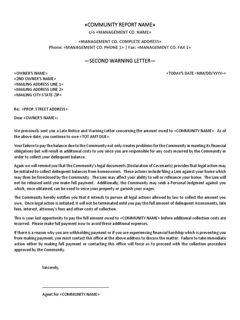 03-Collections-2nd Warning Letter-3rd Notice | PDF | Foreclosure ...