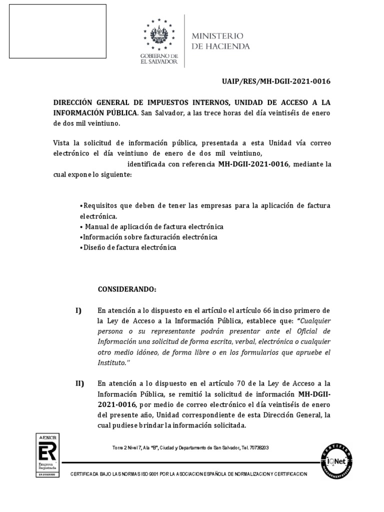 Uiap Res MH Dgii 2021 0016 | PDF | Factura