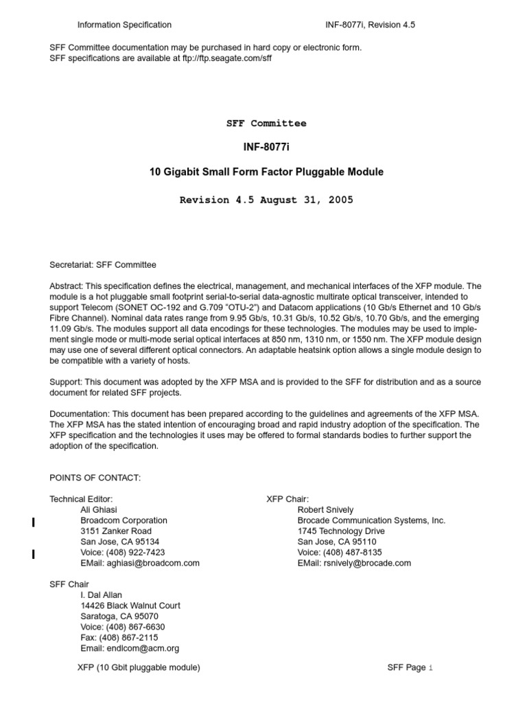 INF-8077i 10 Gigabit Small Form Factor Pluggable Module: SFF Committee | PDF | Computer Hardware ...