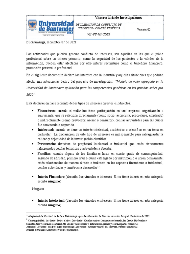 Anexo 3 FT 061 Declaracion de Conflicto de Intereses 2 | PDF