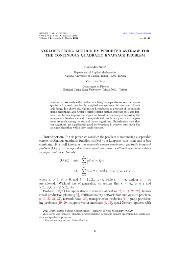 Variable Fixing Method by Weighted Average For The Continuous Quadratic ...