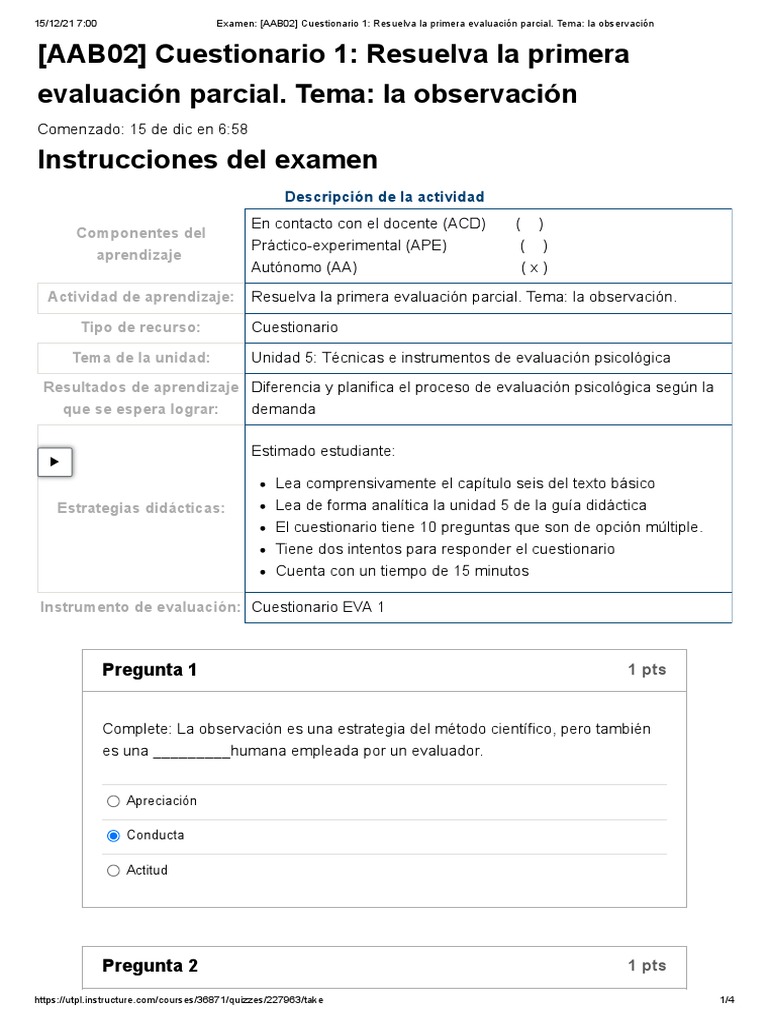 Examen - (AAB02) Cuestionario 1 - Resuelva La Primera Evaluación Parcial. Tema - La Observación ...