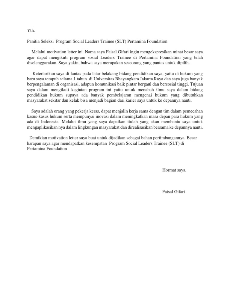Motivation Essay Dan Surat Lamaran Mengikuti SLT | PDF