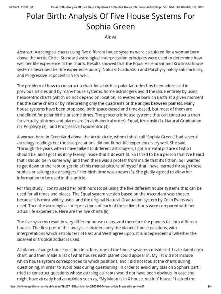 Polar Birth: Analysis of Five House Systems For Sophia Green | PDF ...