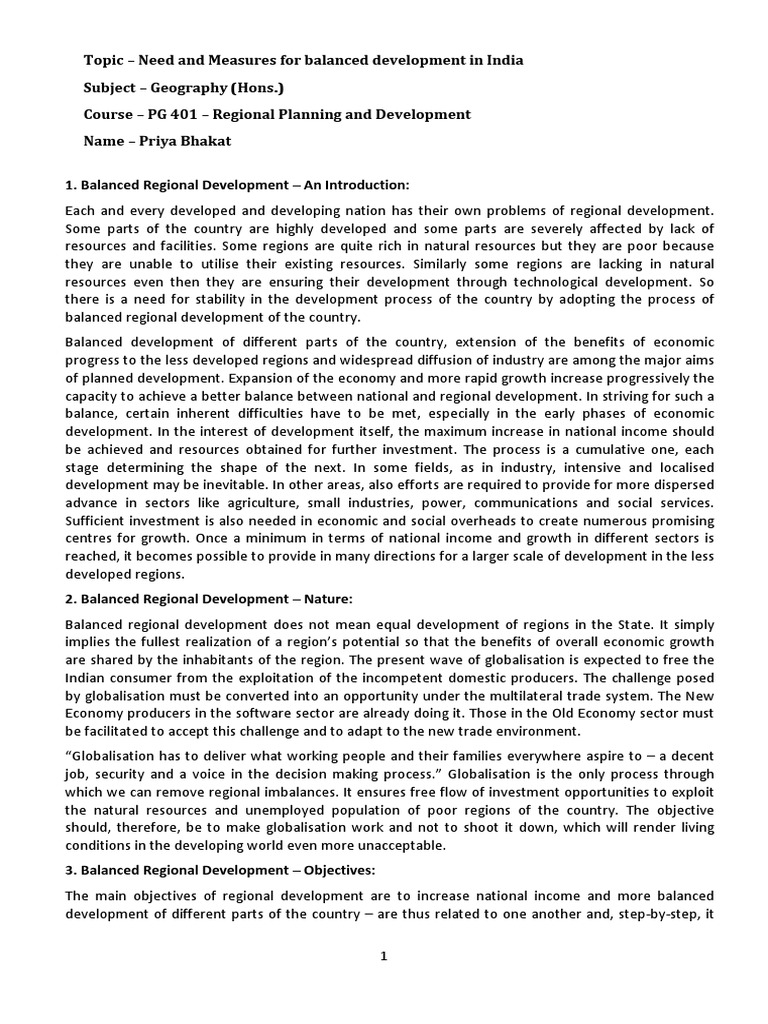 Need and Measures For Balanced Development in India | PDF | Economic ...