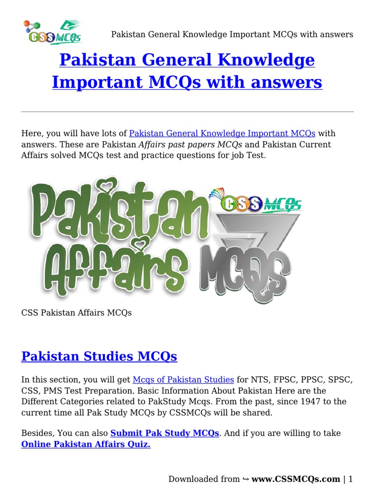 Important Pakistan General Knowledge MCQs | PDF | Pakistan | Multiple ...