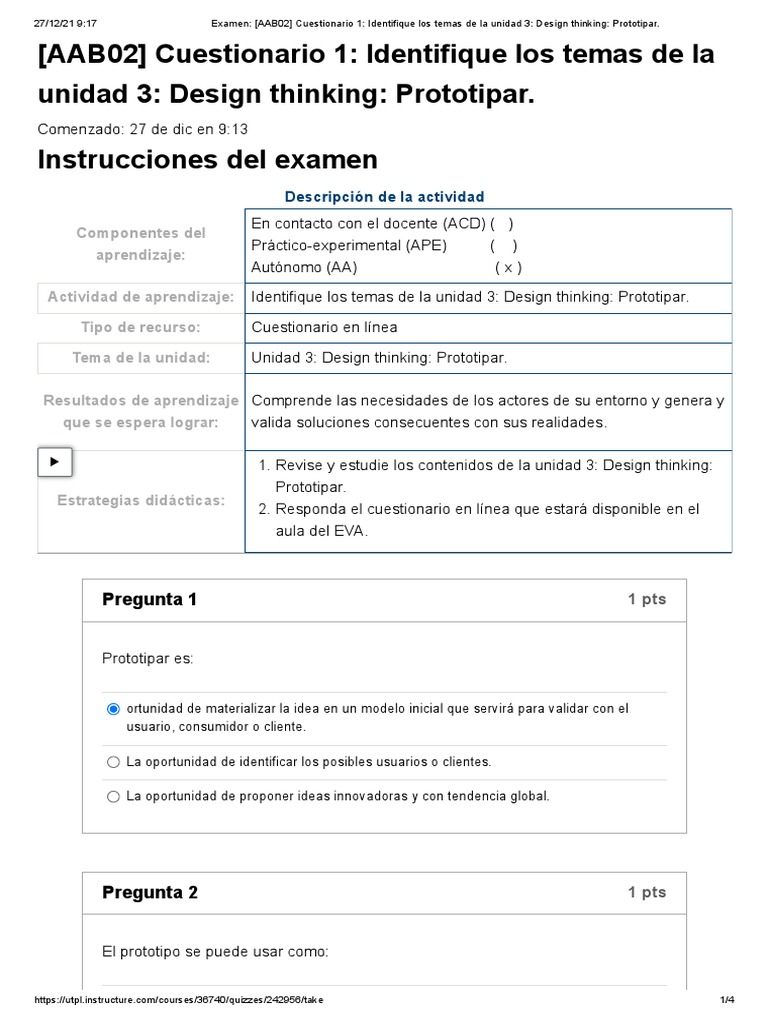 Examen - (AAB02) Cuestionario 1 - Identifique Los Temas de La Unidad 3 ...