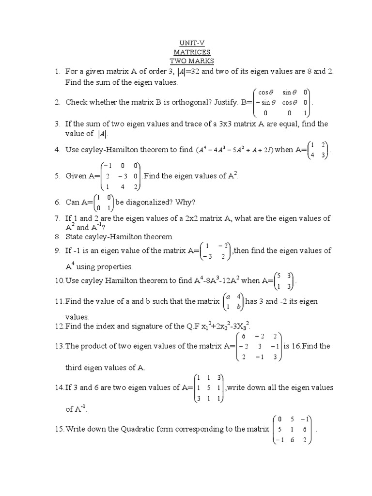 Unit 1-Question Bank | PDF | Eigenvalues And Eigenvectors | Matrix (Mathematics)