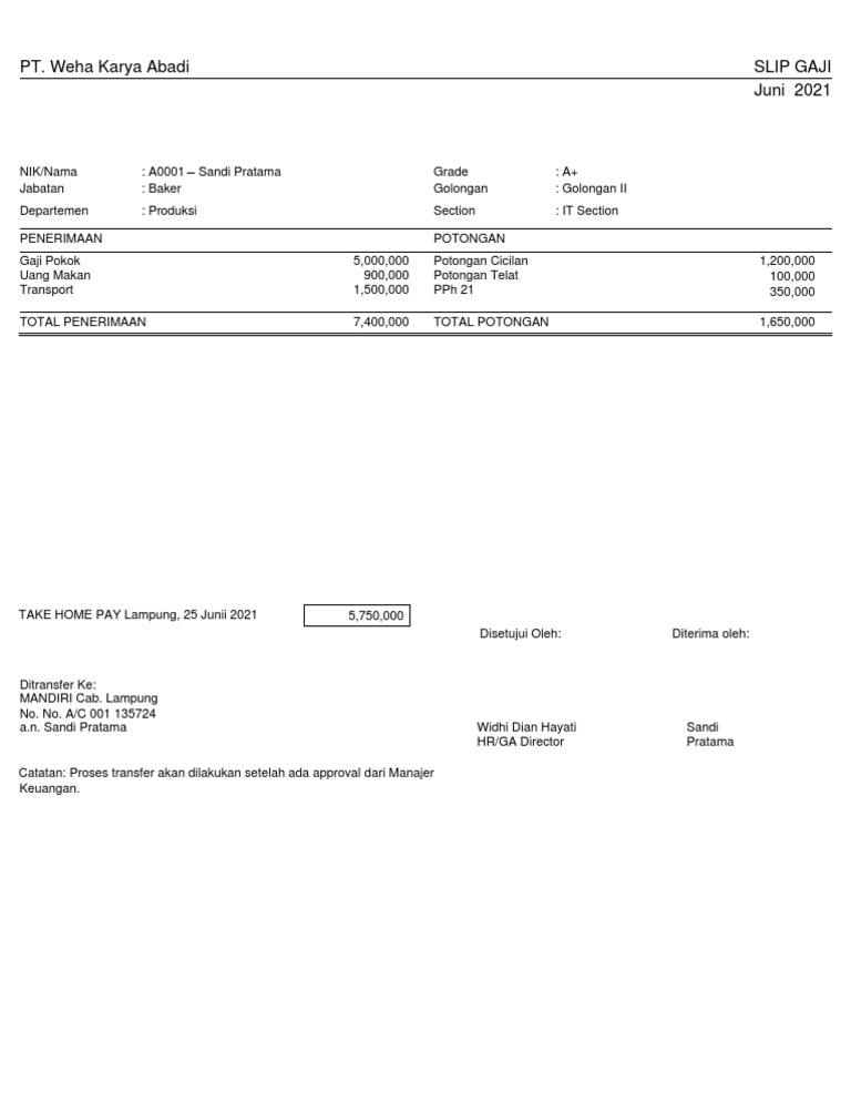 PT. Weha Karya Abadi Slip Gaji Juni 2021 | PDF