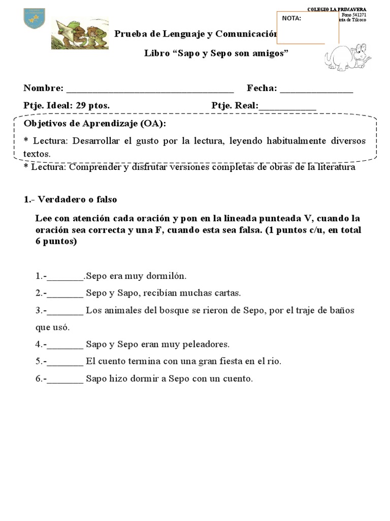 Prueba de Sapo y Sepo para 2º Básico | PDF