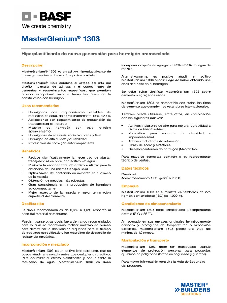 Glenium 1303 - Ficha Técnica | PDF | Hormigón | Cemento
