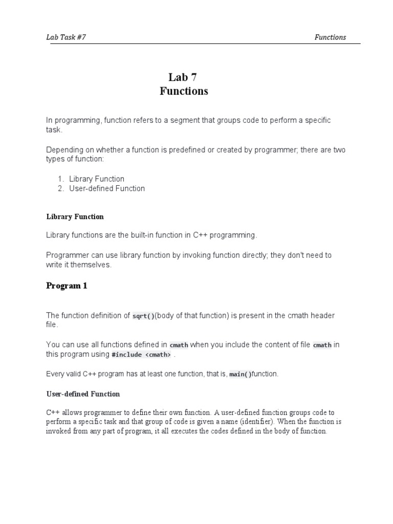 Lab Task 7 Functions Pdf Parameter Computer Programming Subroutine 2100