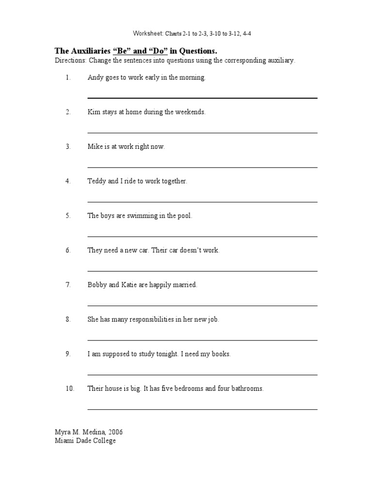The Auxiliaries "Be" and "Do" in Questions.: Worksheet: Charts 2-1 To 2 ...