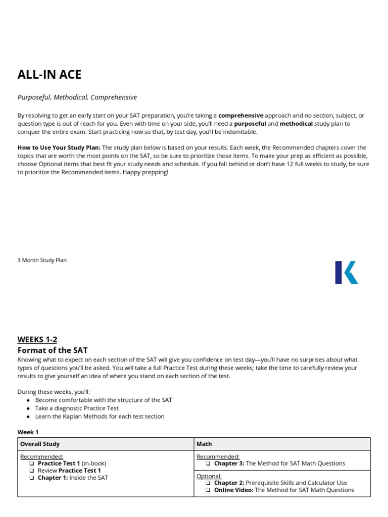 3 Month SAT Prep Study Plan | PDF | Sat | Cognition