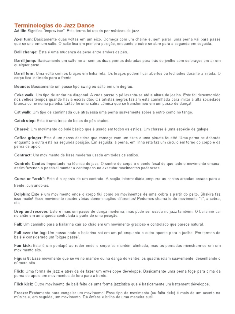 Terminologias Do Jazz Dance | PDF | Balé | Jazz